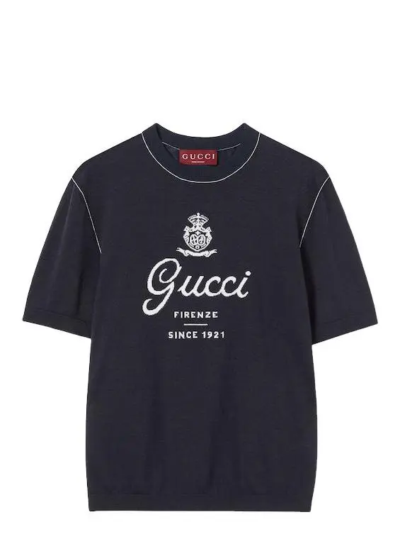 Gucci Knit Silk Linen T-shirt With Intarsia - Blue
