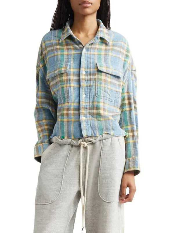 R13 Plaid Crop Work Shirt - Light Blue Plaid
