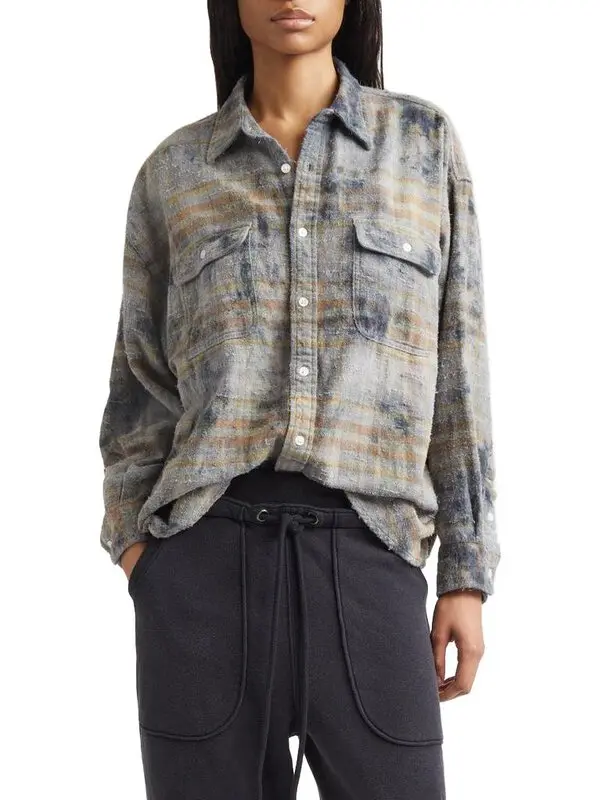 R13 Plaid Cotton Button-up Boyfriend Shirt - Overdyed Light Blue Plaid