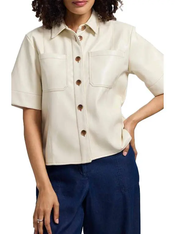 Foxcroft Faux Leather Button-up Shirt - Cream Ivory