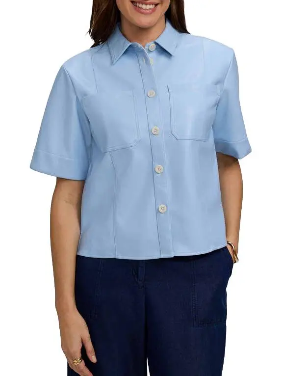 Foxcroft Faux Leather Button-up Shirt - Sky Blue