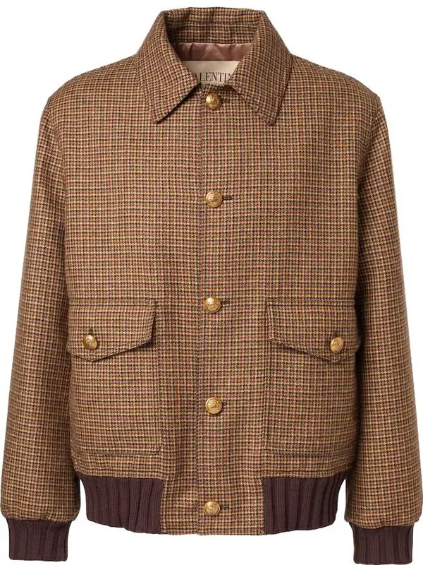 Valentino Garavani Houndstooth Virgin Wool Bomber Jacket - Brown