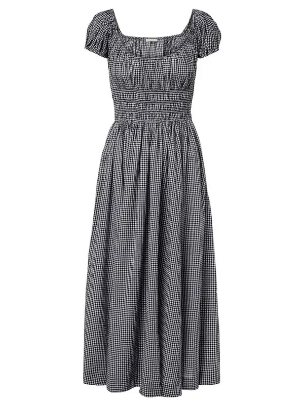 DÔEN Quinley Gathered Gingham Cotton Midi Dress - Blue