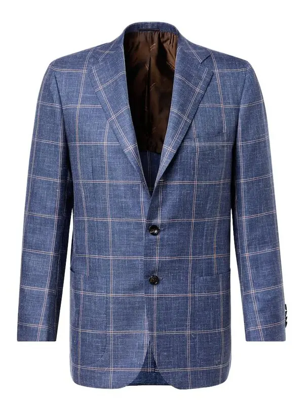 Kiton Checked Cashmere, Wool, Silk, And Linen Blazer - Blue