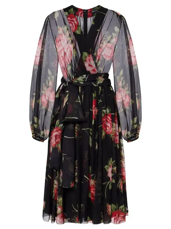 Dolce & Gabbana Floral Silk Midi Dress - Black