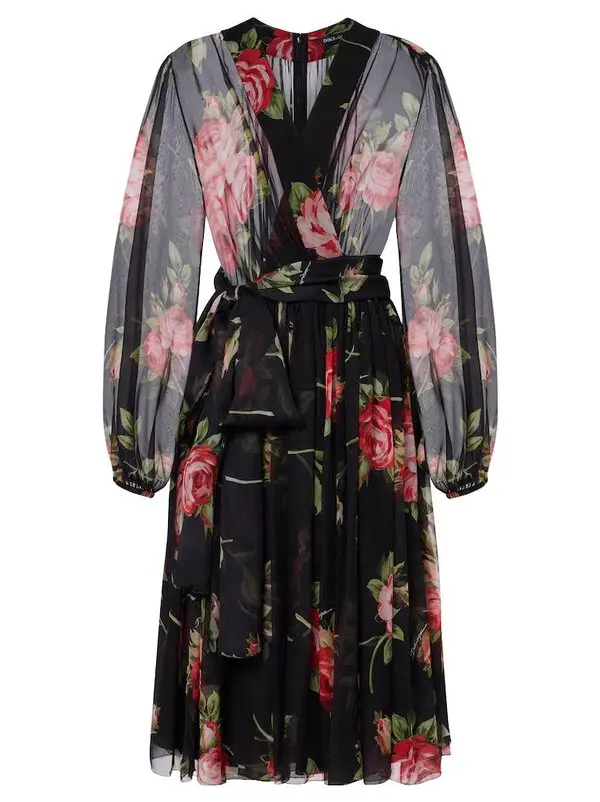 Dolce & Gabbana Floral Silk Midi Dress - Black