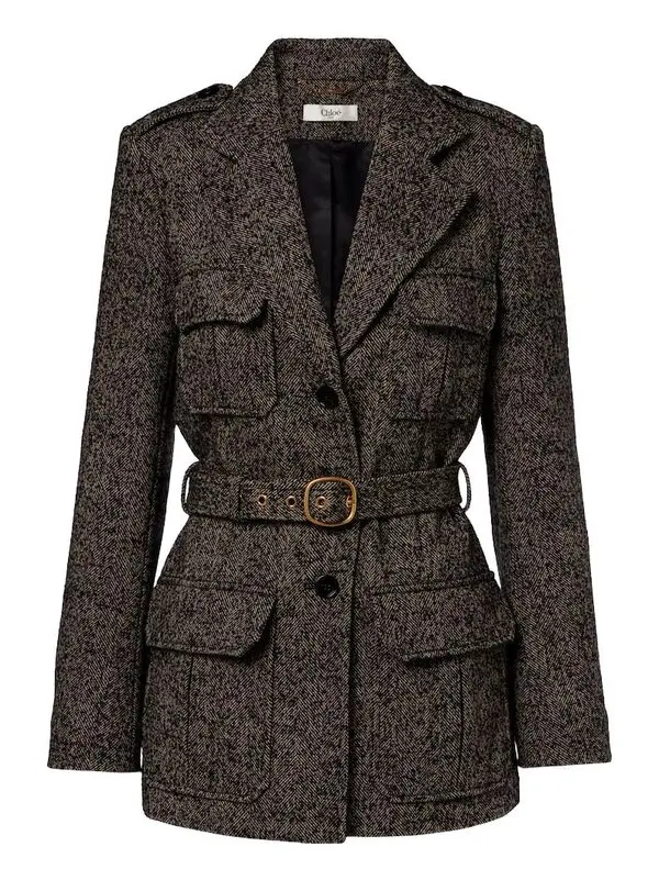 Chloé Belted Herringbone Wool-blend Coat - Black