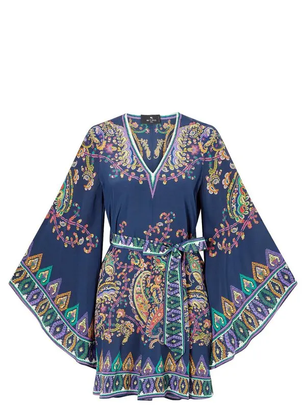 Etro Belted Paisley-print Silk-twill Mini Dress - Blue