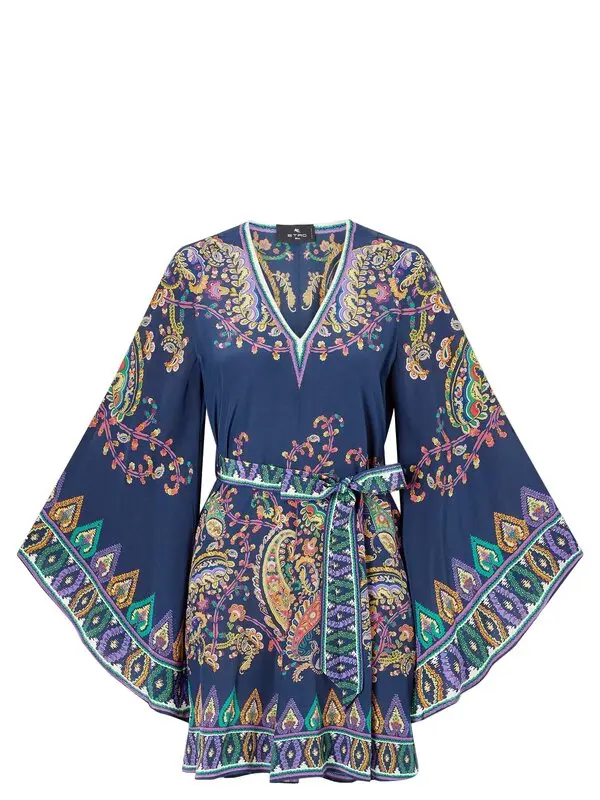 Etro Belted Paisley-print Silk-twill Mini Dress - Navy