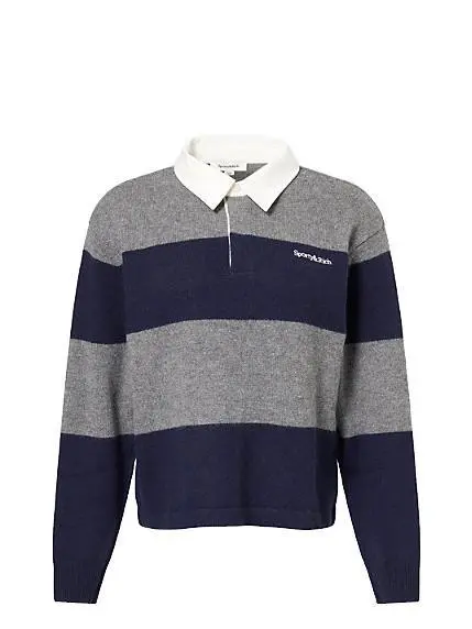 SPORTY & RICH Rugby Cashmere-and-wool Polo Jumper - Hthr Gry/drk Nvy/ecru