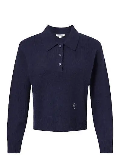 SPORTY & RICH Embroidered Logo Cashmere-and-wool Polo Jumper - Dark Navy