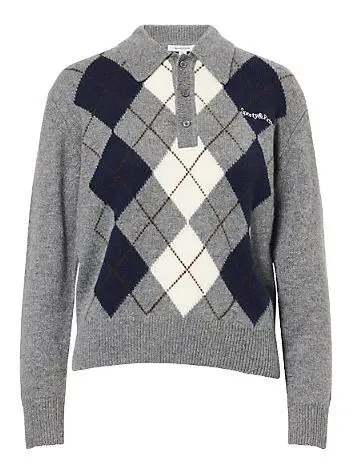 SPORTY & RICH Embroidered Argyle Cashmere-and-wool Polo Jumper - Gray