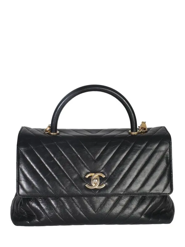 Chanel Chevron Aged Calfskin Coco Top Handle Bag - Black