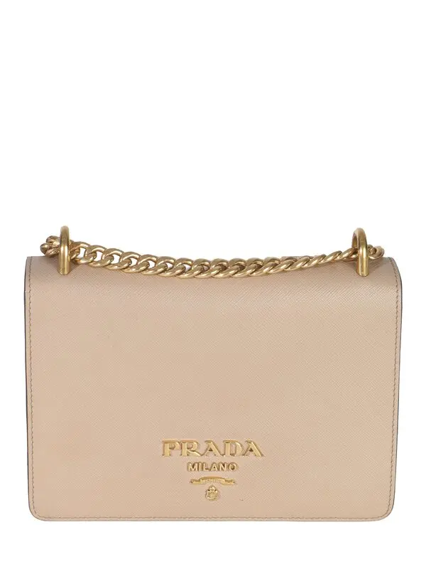 Prada Saffiano Lux Logo Chain Flap Bag - Beige