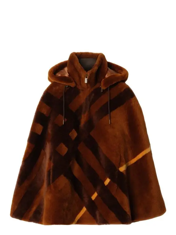 Burberry Check Intarsia Shearling Cape - Ginger Brown