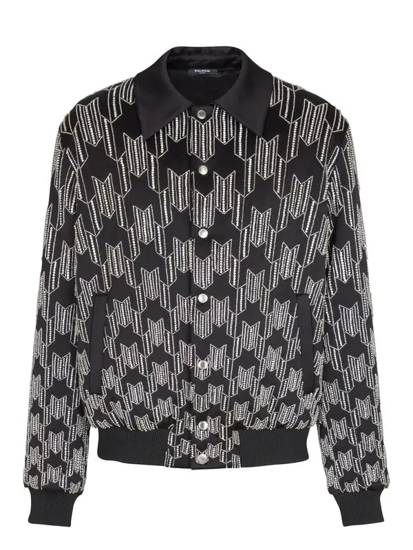 Balmain Satin Houndstooth Bomber Jacket - Black
