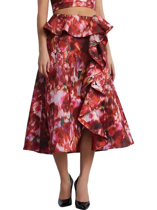 Bcbgmaxazria Printed Cascade Midi Skirt - Washed Rose Chili Pepper Print