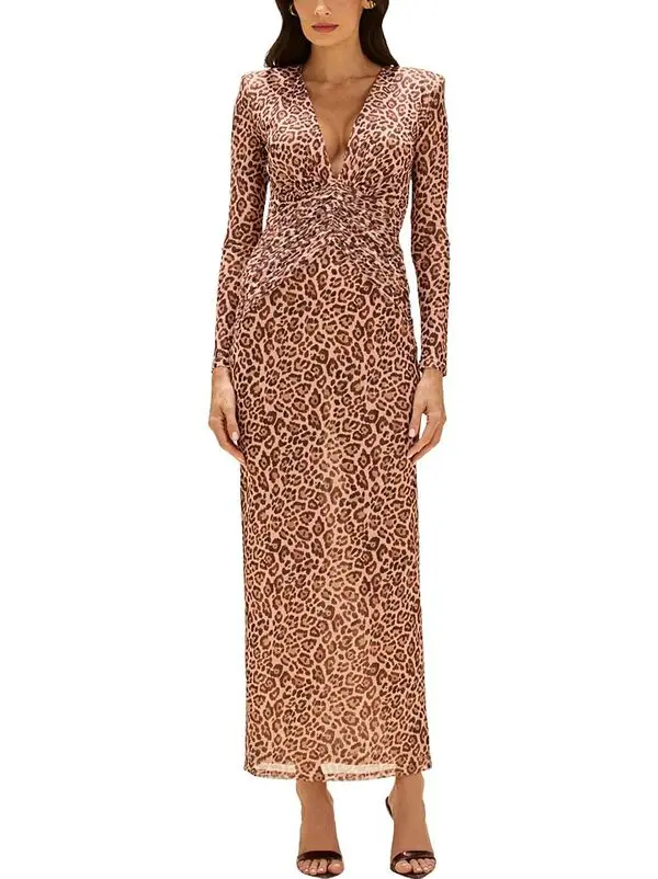 PatBO Panthera Ruched Leopard Print Tulle Maxi Dress - Brown