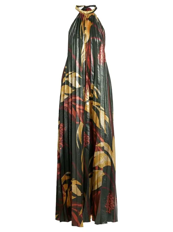Johanna Ortiz Creative Exchange Pleated Printed Lamé Maxi Halterneck Dress - Dark Green