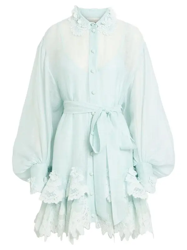 Zimmermann Lace-trimmed Linen And Silk-blend Gauze Mini Shirt Dress - Mint