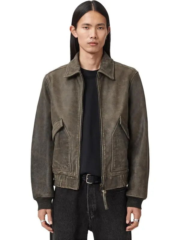 ALLSAINTS Marland Aviator Leather Jacket - Black Beige
