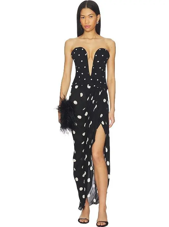 ADRIANA DEGREAS Polka Dot Strapless Midi Dress - Black