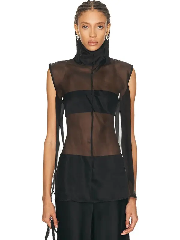 AEXAE Silk Organza Roll Neck Top - Black