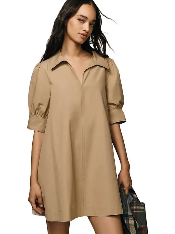 Maeve Puff-sleeve Mini Shirt Dress - Tan