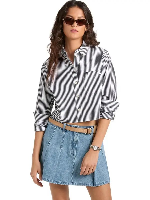 Michael Kors Striped Cotton Poplin Cropped Oxford Shirt - Black