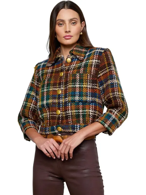 L'Agence Jia Cropped Tweed Jacket - Brown Multi Plaid