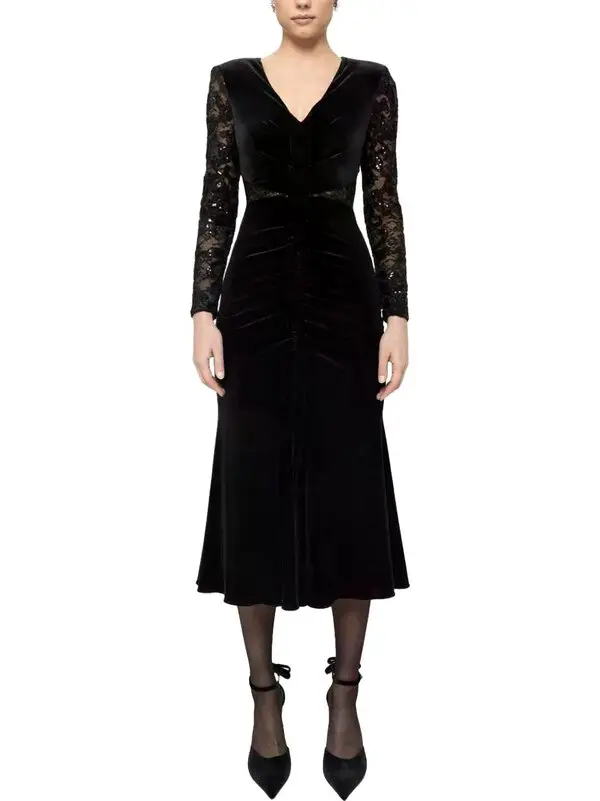 NISSA Lace Insert Velvet Midi Dress - Black
