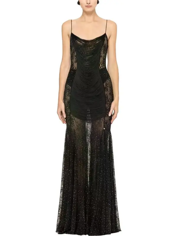 NISSA Fringed Lace Maxi Dress - Black