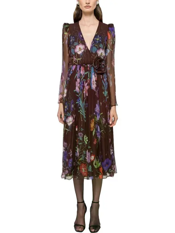 NISSA Floral-appliqué Silk Midi Dress - Brown