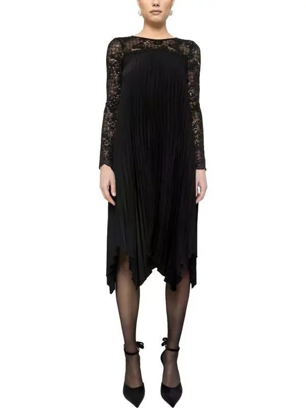 NISSA Pleated Lace Panel Midi Dress - Black
