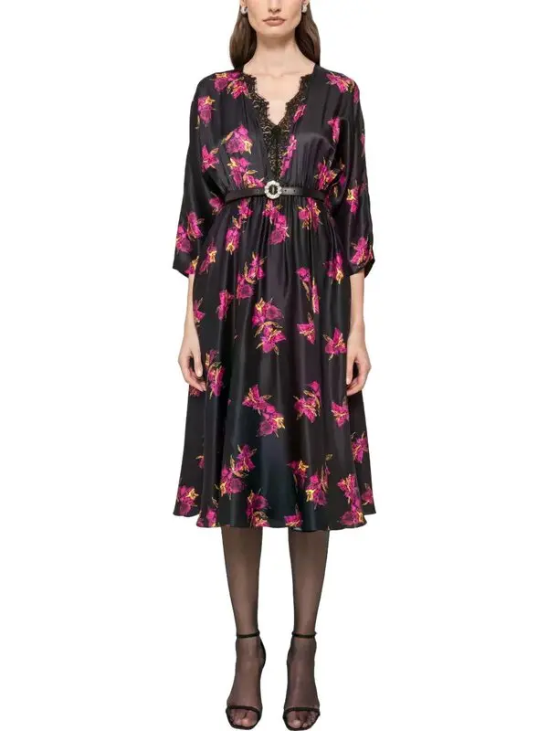 NISSA Floral-print Lace Trim Midi Dress - Black