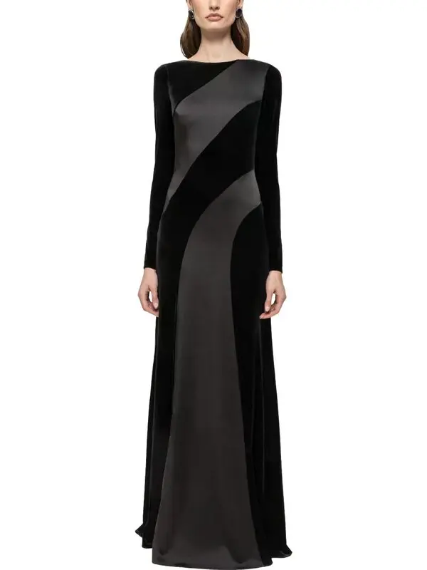 NISSA Satin Velvet Maxi Dress - Black