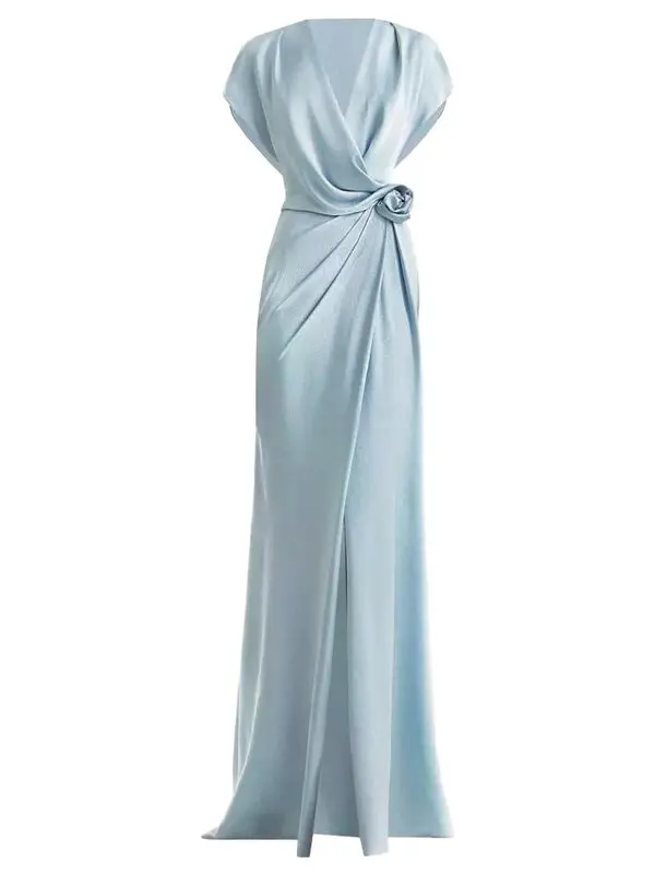 GEMY MAALOUF Draped V-neck Flower Maxi Dress - Blue