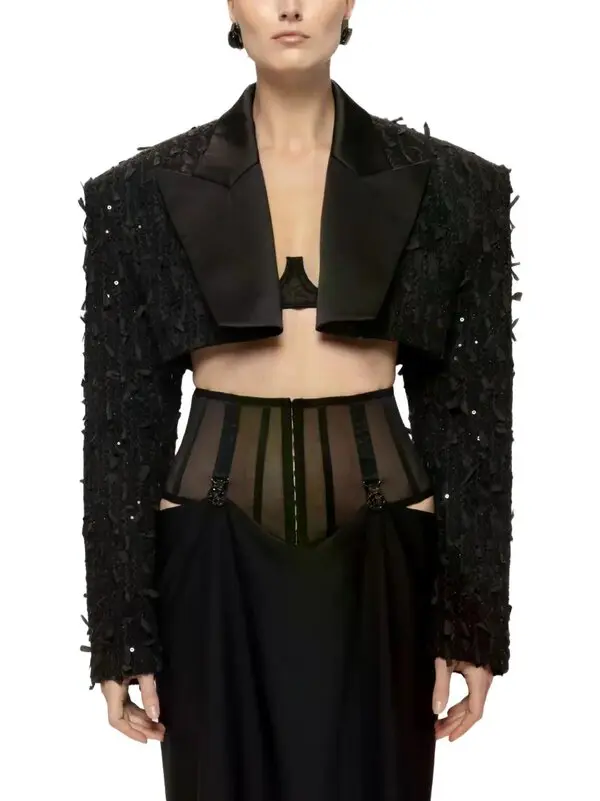 NISSA Sequin Embellished Cropped Blazer - Black