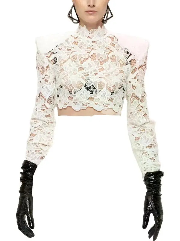 NISSA Lace Structured-shoulder Crop Top - White