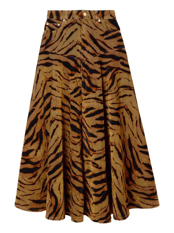 GANNI Printed Flocked Denim Maxi Skirt - Animal Print