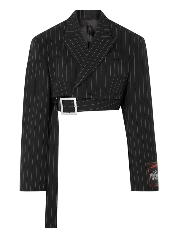 Jean Paul Gaultier Double-breasted Cropped Pinstriped Wool-twill Blazer - Black