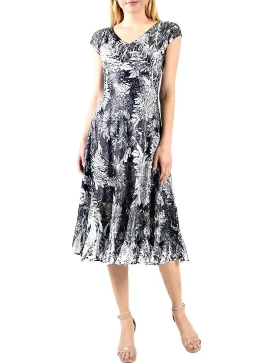 Komarov Dhalia Print Cap Sleeve Dress With Lace - Black Dhalia