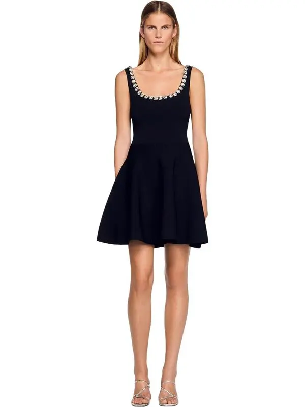 Sandro Knit Skater Dress With Rhinestone Neck - Black