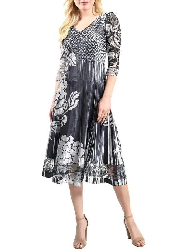 Komarov Stencil Printed Charmeuse Lace-sleeve Dress - Black/silver Brocade