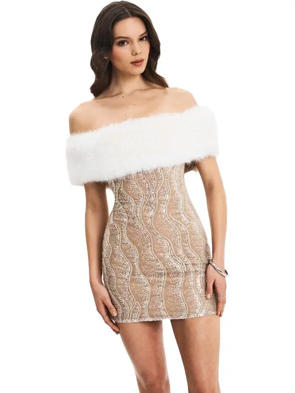 MISS CIRCLE Averie Faux Fur Off Shoulder Sequin Mini Dress - White/beige