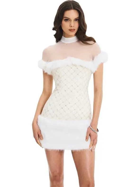 MISS CIRCLE Faux Fur Trimmed Beaded Bouclé Mini Dress - Ivory White