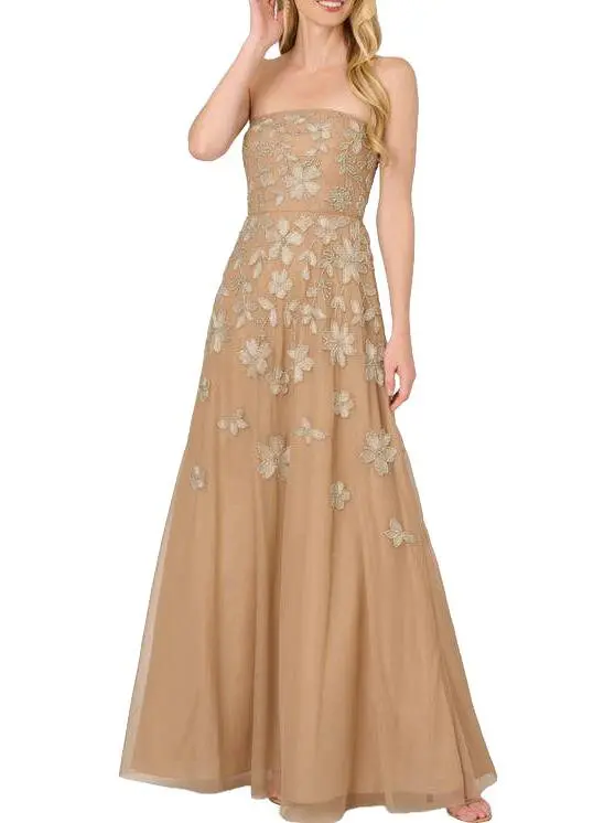 Adrianna Papell Beaded Strapless Mesh Fit & Flare Ballgown - Taupe/pink