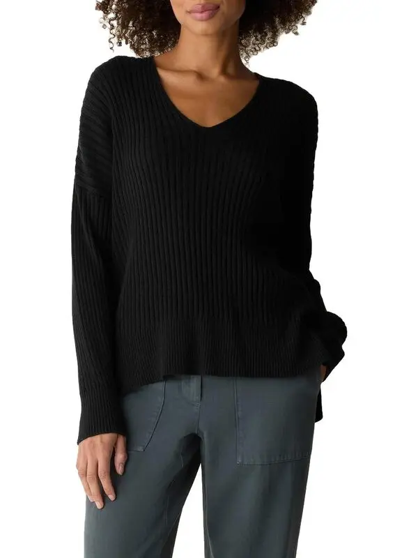 Eileen Fisher Cotton & Tencel™ Lyocell Ribbed V-neck Sweater - Black