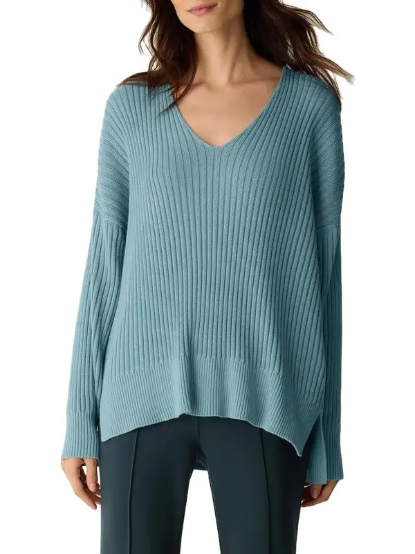Eileen Fisher Cotton & Tencel™ Lyocell Ribbed V-neck Sweater - Seafoam