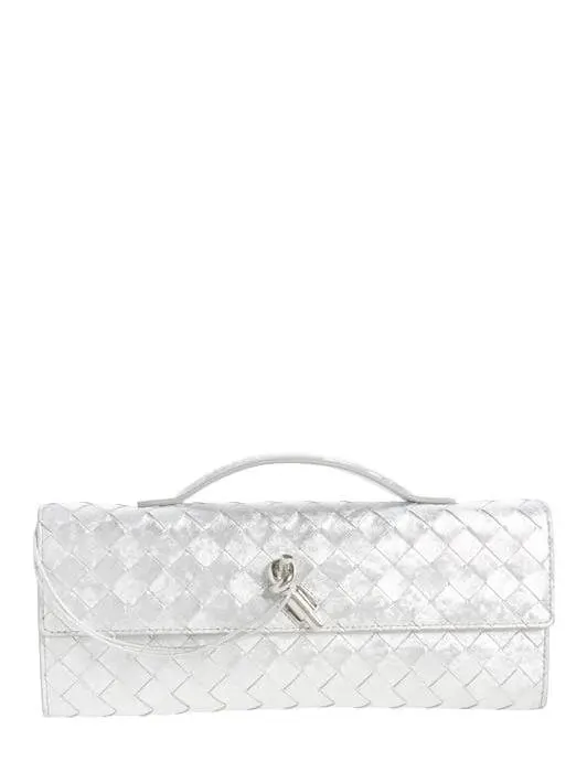 Bottega Veneta Andiamo Intrecciato Satin Clutch - 8101 Silver/silver